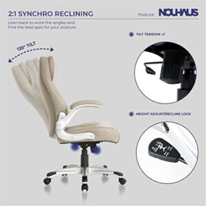 Nouhaus +Posture Ergonomic PU Leather Office Chair. Click5 Lumbar Support with FlipAdjust Armrests. Modern Executive Chair and Computer Desk Chair (Taupe)