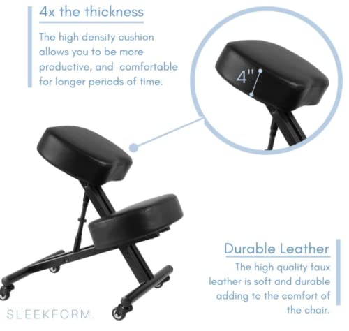 Sleekform Atlanta Ergonomic Kneeling Chair - Home Office Desk Stool for Back Posture Support, Comfortable Cushions, Angled Seat, Wheels, Rolling, Black