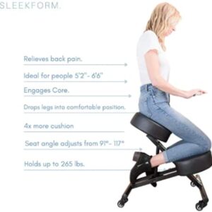 Sleekform Atlanta Ergonomic Kneeling Chair - Home Office Desk Stool for Back Posture Support, Comfortable Cushions, Angled Seat, Wheels, Rolling, Black