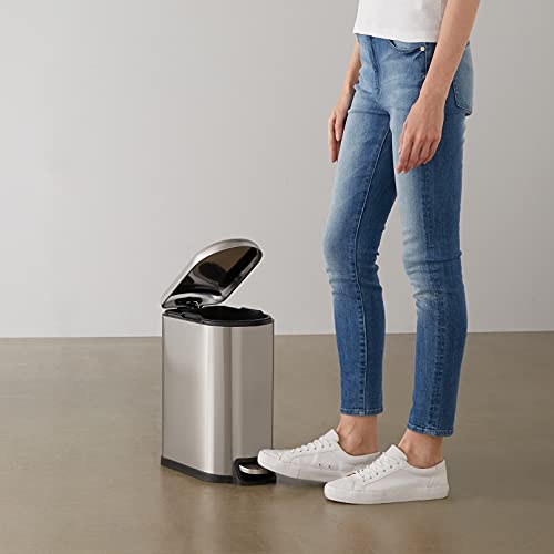 Amazon Basics 10 Liter / 2.6 Gallon Soft-Close, Smudge Resistant Trash Can with Foot Pedal for Narrow Spaces - Brushed Stainless Steel