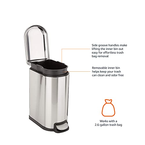 Amazon Basics 10 Liter / 2.6 Gallon Soft-Close, Smudge Resistant Trash Can with Foot Pedal for Narrow Spaces - Brushed Stainless Steel