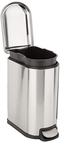 Amazon Basics 10 Liter / 2.6 Gallon Soft-Close, Smudge Resistant Trash Can with Foot Pedal for Narrow Spaces - Brushed Stainless Steel