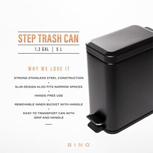 BINO | Rectangular Step Trash Can | 1.3 Gallon/5 Liter Stainless Steel Trash Can with Lid | Home or Office Bathroom Trash Cans with Lids | Kitchen Garbage Can with Non-Slip Stepper | Matte Black