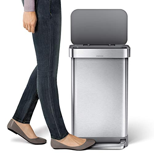 simplehuman 45 Liter / 12 Gallon Liter Rectangular Hands-Free Kitchen Step Trash Can with Soft-Close Lid, Brushed Stainless Steel with Plastic Lid