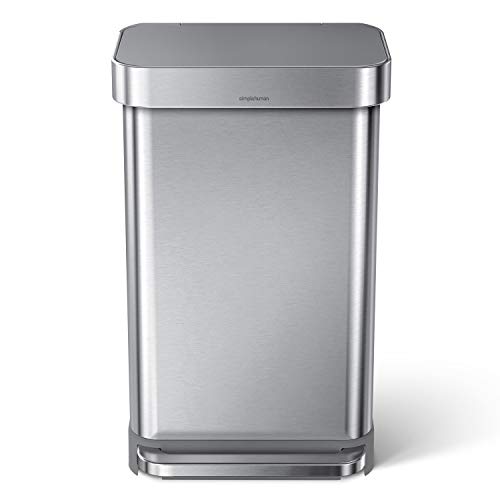 simplehuman 45 Liter / 12 Gallon Liter Rectangular Hands-Free Kitchen Step Trash Can with Soft-Close Lid, Brushed Stainless Steel with Plastic Lid