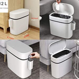 KLGO 12 Liter Slim Plastic Trash Can with Lid,2.6 Gallon Double Barrel Waste Basket,Rectangular Press Garbage Container Bin for Bathroom,Bedroom,Kitchen and Office,White (12 Liter)