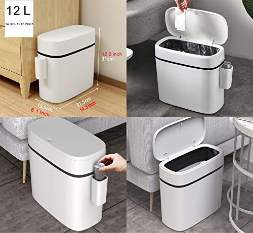 KLGO 12 Liter Slim Plastic Trash Can with Lid,2.6 Gallon Double Barrel Waste Basket,Rectangular Press Garbage Container Bin for Bathroom,Bedroom,Kitchen and Office,White (12 Liter)