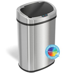 itouchless 13 gallon sensorcan touchless trash can with odor control system, stainless steel, oval shape kitchen bin