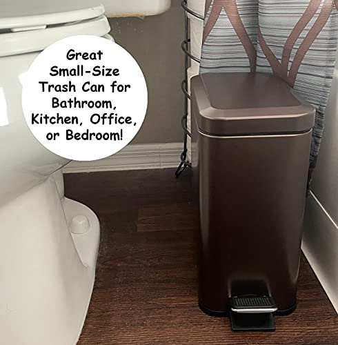 Homie Soft Close, Rectangular Trash Can 5L with Anti - Bag Slip Liner and Lid, Use as Mini Garbage Basket, Slim Dust Bin, or Decor in Bathroom, Restroom, Kitchen, or Bedroom (Bronze)