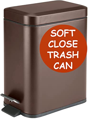 Homie Soft Close, Rectangular Trash Can 5L with Anti - Bag Slip Liner and Lid, Use as Mini Garbage Basket, Slim Dust Bin, or Decor in Bathroom, Restroom, Kitchen, or Bedroom (Bronze)