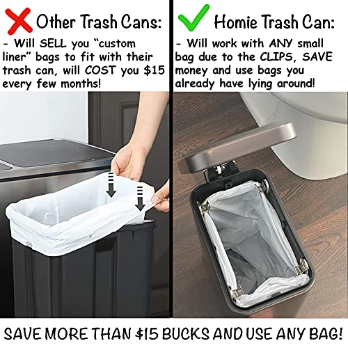 Homie Soft Close, Rectangular Trash Can 5L with Anti - Bag Slip Liner and Lid, Use as Mini Garbage Basket, Slim Dust Bin, or Decor in Bathroom, Restroom, Kitchen, or Bedroom (Bronze)