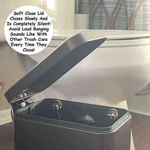 Homie Soft Close, Rectangular Trash Can 5L with Anti - Bag Slip Liner and Lid, Use as Mini Garbage Basket, Slim Dust Bin, or Decor in Bathroom, Restroom, Kitchen, or Bedroom (Bronze)