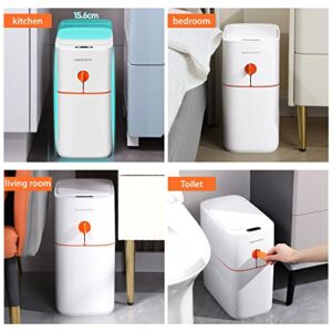 JOYBOS Bathroom Trash Cans with Lids|Small Office Garbage Cans with Automatic Lid|Motion Sensor Waterproof Trash Bin for Bedroom| 4 Gallon Plastic Narrow Wastebasket for Toilet, RV, White