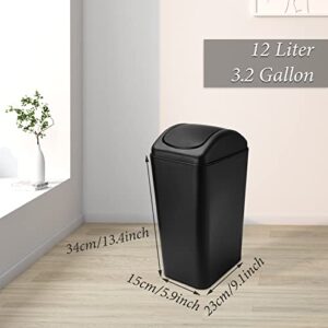 ABuff Small Lidded Trash Can, 12 Liter/3 Gallon Small Black Plastic Trash Can Garbage Bin with Lid for Office, Bedroom, Bathroom