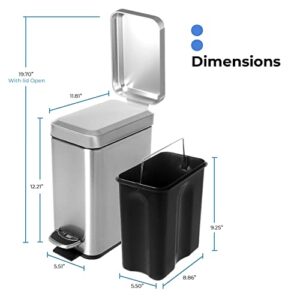 Home Zone Living 1.3 Gallon Bathroom Trash Can, Slim Stainless Steel, Step Pedal, 5 Liter