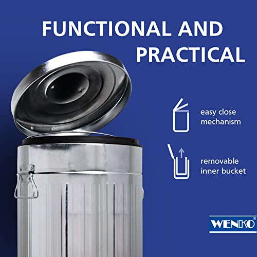 WENKO Step Trash Can with Lid and Pedal, Retro Metal Garbage Bin, for Bathroom, Kitchen, Office, Soft Close, 5 Gallon, 12.2 x 18.7 x 12.2 in, Gray