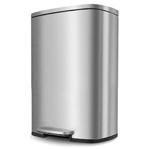 pirecart 13.2 gallon trash can, stainless steel garbage bin with lid, silent gentle open and close dustbin with durable pedal, inner bucket, for kitchen bathroom livingroom home office ,silver(50l)