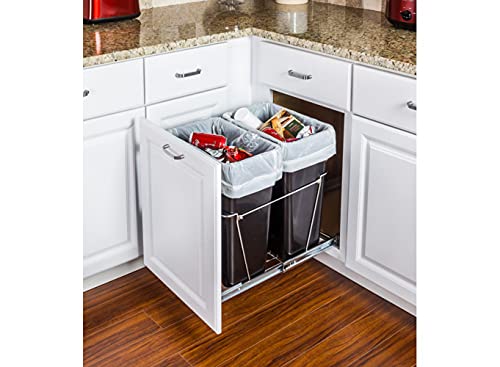 Hardware Resources Double 35-Quart Trash Bin Cabinet Pullout System - 2 Black Waste, Recycling Bins - Easy-Installation Polished Chrome Ball-Bearing Garbage Slider, Door Mounting Kit - 17.5 Gallons