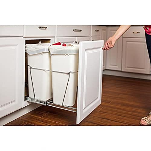 Hardware Resources Double 35-Quart Trash Bin Cabinet Pullout System - 2 Black Waste, Recycling Bins - Easy-Installation Polished Chrome Ball-Bearing Garbage Slider, Door Mounting Kit - 17.5 Gallons