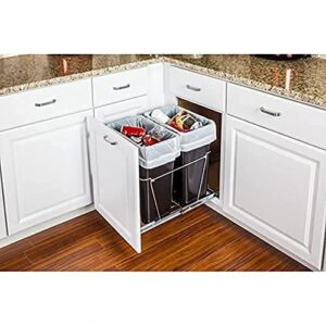 Hardware Resources Double 35-Quart Trash Bin Cabinet Pullout System - 2 Black Waste, Recycling Bins - Easy-Installation Polished Chrome Ball-Bearing Garbage Slider, Door Mounting Kit - 17.5 Gallons