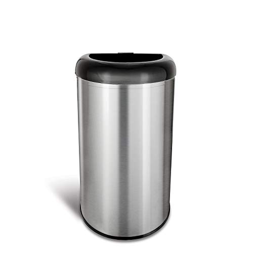 NINESTARS OTT-50-19BK Open Top Office Bathroom Trash Can, 13 Gal 50L, Stainless Steel Base (D Shape, Black Lid)