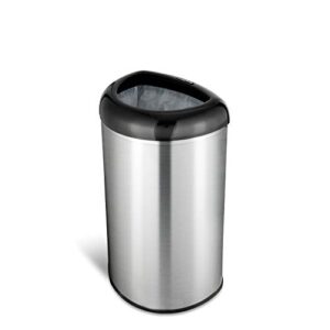 NINESTARS OTT-50-19BK Open Top Office Bathroom Trash Can, 13 Gal 50L, Stainless Steel Base (D Shape, Black Lid)