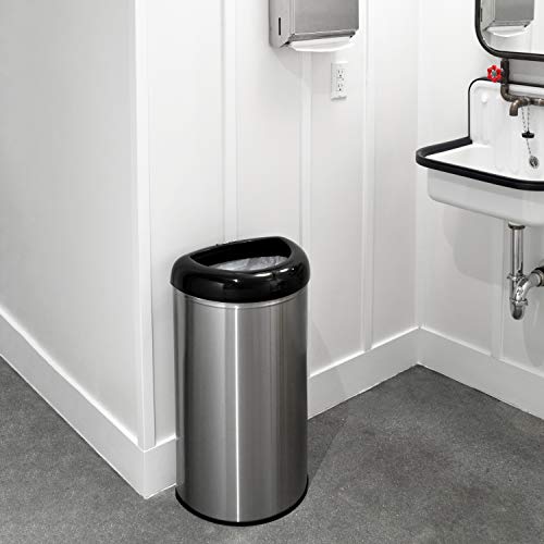 NINESTARS OTT-50-19BK Open Top Office Bathroom Trash Can, 13 Gal 50L, Stainless Steel Base (D Shape, Black Lid)