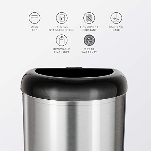 NINESTARS OTT-50-19BK Open Top Office Bathroom Trash Can, 13 Gal 50L, Stainless Steel Base (D Shape, Black Lid)