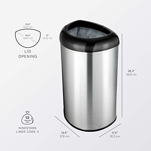 NINESTARS OTT-50-19BK Open Top Office Bathroom Trash Can, 13 Gal 50L, Stainless Steel Base (D Shape, Black Lid)