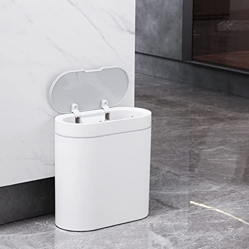 ELPHECO Bathroom Trash Can, 2.5 Gallon Waterproof Motion Sensor Small Bathroom Trash Can with Lid, Slim Plastic Narrow Bedroom Trash Can Office Trash Can, White