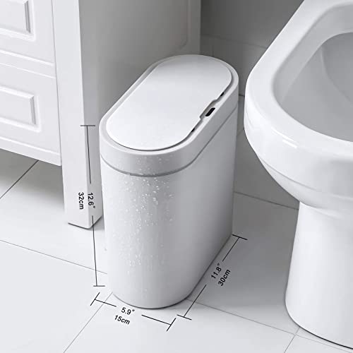 ELPHECO Bathroom Trash Can, 2.5 Gallon Waterproof Motion Sensor Small Bathroom Trash Can with Lid, Slim Plastic Narrow Bedroom Trash Can Office Trash Can, White