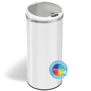 itouchless 13 gallon touchless sensor trash can with odor filter system, round steel garbage bin, perfect for home, kitchen, office, alpine white 13 gal