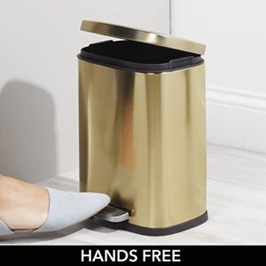 mDesign Stainless Steel Touchless Rectangular 1.3 Gallon Foot Step Trash Can with Lid - Wastebasket Container Bin for Bathroom, Bedroom, Kitchen, Home Office, Holds Garbage, Waste, Recycle, Soft Brass