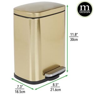 mDesign Stainless Steel Touchless Rectangular 1.3 Gallon Foot Step Trash Can with Lid - Wastebasket Container Bin for Bathroom, Bedroom, Kitchen, Home Office, Holds Garbage, Waste, Recycle, Soft Brass