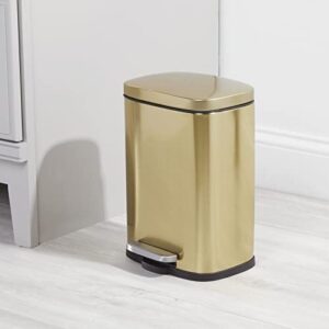 mDesign Stainless Steel Touchless Rectangular 1.3 Gallon Foot Step Trash Can with Lid - Wastebasket Container Bin for Bathroom, Bedroom, Kitchen, Home Office, Holds Garbage, Waste, Recycle, Soft Brass