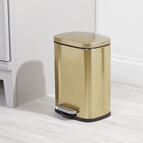 mDesign Stainless Steel Touchless Rectangular 1.3 Gallon Foot Step Trash Can with Lid - Wastebasket Container Bin for Bathroom, Bedroom, Kitchen, Home Office, Holds Garbage, Waste, Recycle, Soft Brass