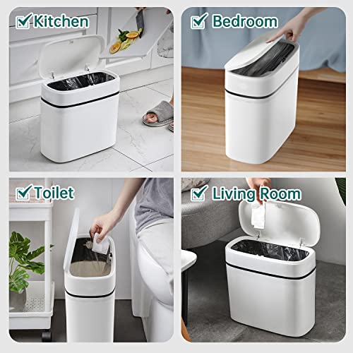 WOA WOA Bathroom Trash Can with lid, 14L Press lid Plastic Wastebasket, 3.7 Gallons Garbage Bin Container for Home, Kitchen, Office, Living Room, Bedroom (White & Press Lid)