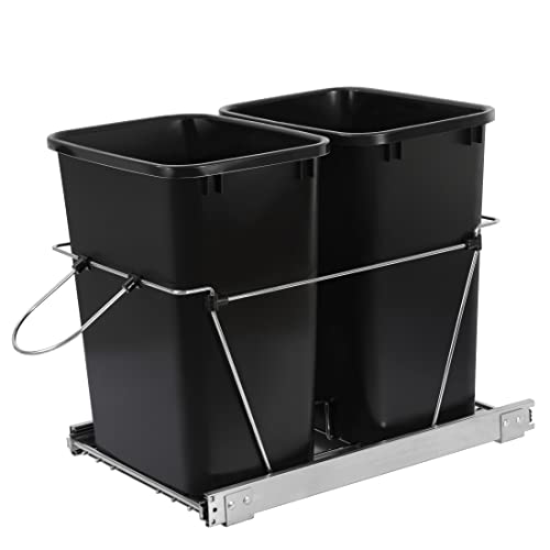 SUPER DEAL Double 35 Quart Pull Out Trash Can for Kitchen Cabinet Recycling Bins with Wire Bottom Mount Under Sink Sliding Roll Out Dual Garbage Can, Black