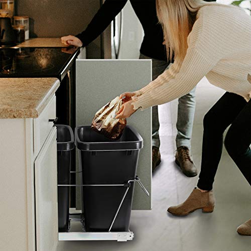 SUPER DEAL Double 35 Quart Pull Out Trash Can for Kitchen Cabinet Recycling Bins with Wire Bottom Mount Under Sink Sliding Roll Out Dual Garbage Can, Black