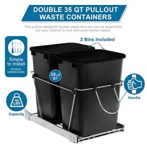 SUPER DEAL Double 35 Quart Pull Out Trash Can for Kitchen Cabinet Recycling Bins with Wire Bottom Mount Under Sink Sliding Roll Out Dual Garbage Can, Black