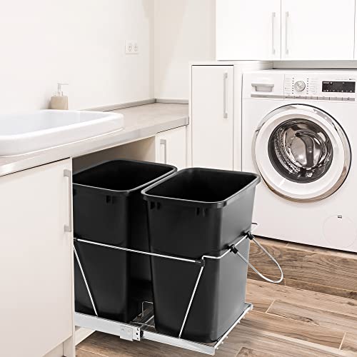 SUPER DEAL Double 35 Quart Pull Out Trash Can for Kitchen Cabinet Recycling Bins with Wire Bottom Mount Under Sink Sliding Roll Out Dual Garbage Can, Black