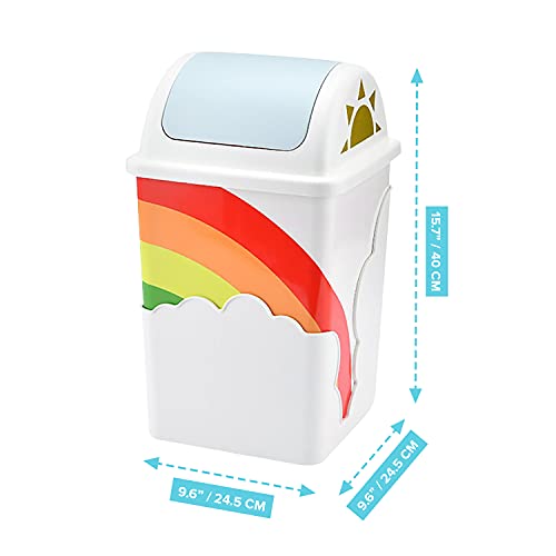 Rainbow Trash Can (1-Pack) - Cute Waste Basket for Kids Room - 9.6”x9.6”x15.7” Indoor Swing Top Trash Can with Lid - Garbage Can for School & Daycare - Swivel Touchless Garbage Cans - For Baby Nursery and Rainbow Themed Room Rainbow Baby Shower