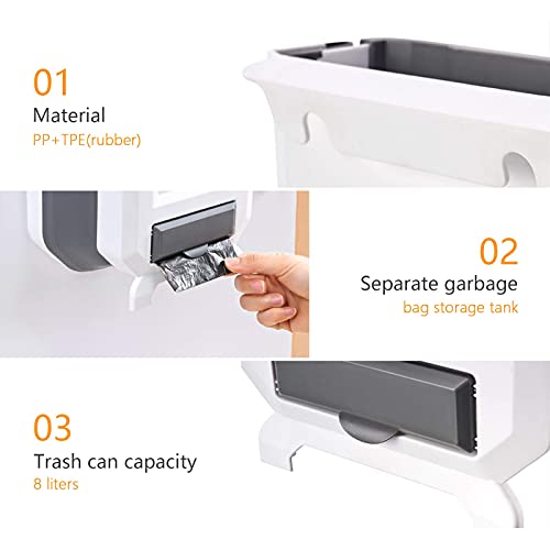 HUAPPNIO Kitchen Trash Can Plastic Collapsible 2 Gallon Wall Mounted for Cabinet Door Hanging Garbage Bin White