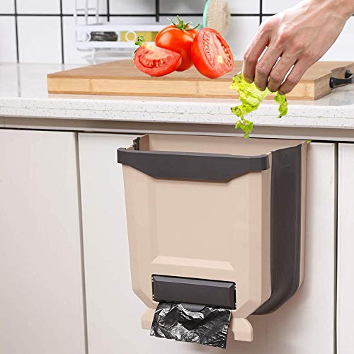 YCOCO 2.4 Gallon Hanging Kitchen Collapsible Waste Bin,10L Plastic Folding Small Garbage Can for Cabinet Car Bedroom Bathroom Kitchen Office,Coffee