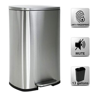 dkeli kitchen trash can with soft slow lid pedal step trash can with removable plastic inner bucket stainless steel garbage can for bathroom kitchen and office trash bin 13 gallon / 50 liter, silver