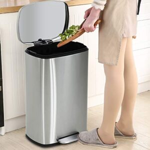 Dkeli Kitchen Trash Can with Soft Slow Lid Pedal Step Trash Can with Removable Plastic Inner Bucket Stainless Steel Garbage Can for Bathroom Kitchen and Office Trash Bin 13 Gallon / 50 Liter, Silver