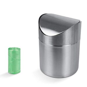 amazeco mini countertop brushed can stainless steel swing lid trash can set, come with trash bag, 1.5 l / 0.40 gal silver color