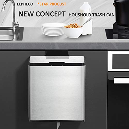 ELPHECO Kitchen Compost Bin, 2 Gallon Brushed Stainless Steel Hanging Trash Can, Kitchen Cabinet Door Under Sink Garbage Can Compost Bin Wall Mounted Slide Open, Upgraded Packaging