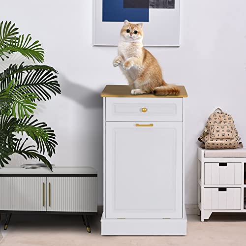 Anbuy Tilt Out Trash Cabinet Can Bin Kitchen Wooden Trash Can Free Standing Holder Recycling Cabinet with Hideaway Drawer Wooden Trash Holder (White)