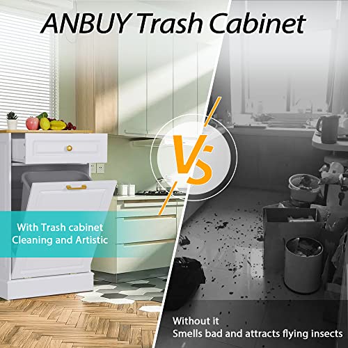 Anbuy Tilt Out Trash Cabinet Can Bin Kitchen Wooden Trash Can Free Standing Holder Recycling Cabinet with Hideaway Drawer Wooden Trash Holder (White)